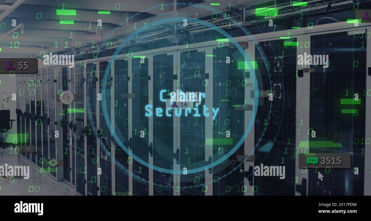 Image of retina eye scanner, binary coding and social media icons against computer server room ...