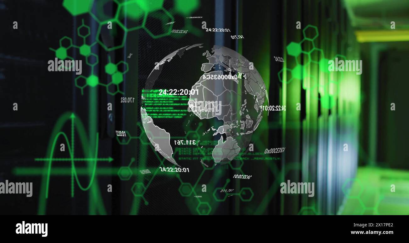 Image of molecule structures, computer language, numbers around globe ...