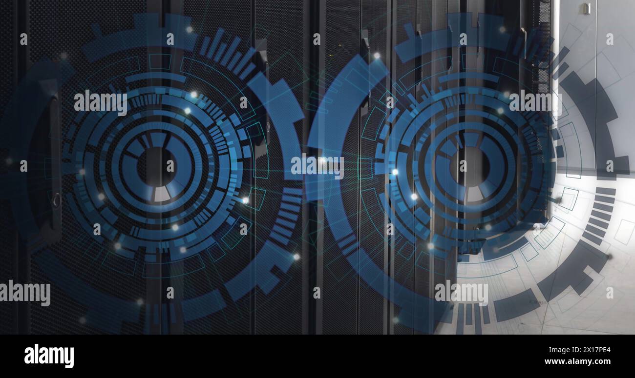 Image of two round scanners spinning against computer server room Stock ...