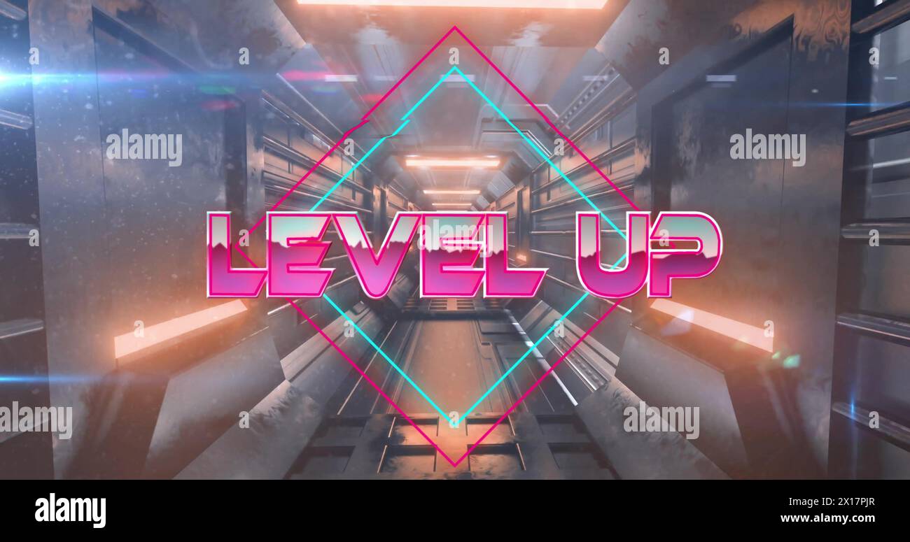 Image of level up text over neon pattern background Stock Photo - Alamy