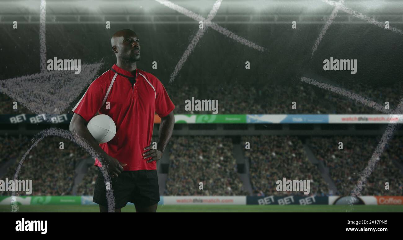 Image of position plan over african american man with rugby ball at ...