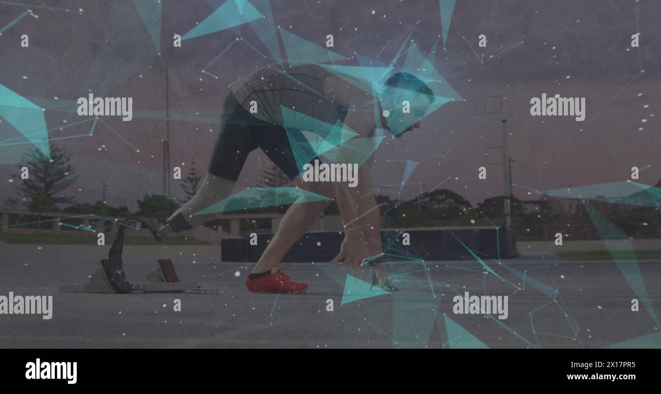 Image of geometrical shapes over caucasian man with running blade ...