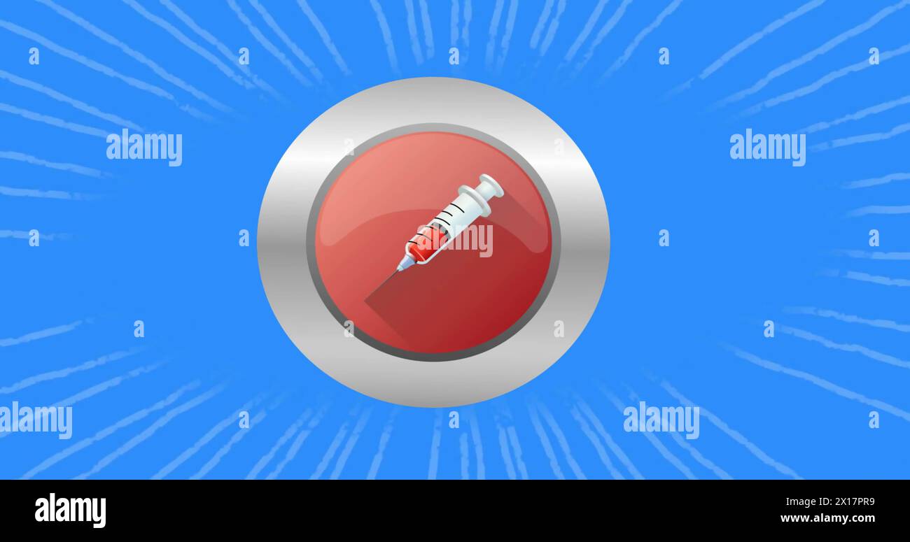 Image of syringe in red circle in silver frame spinning on blue ...