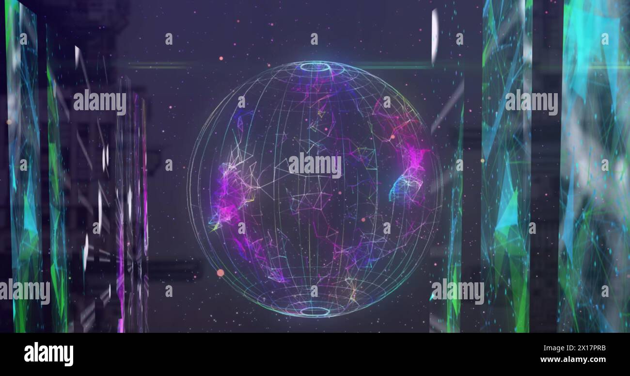 Image of globe made of connections and shapes moving over computer ...