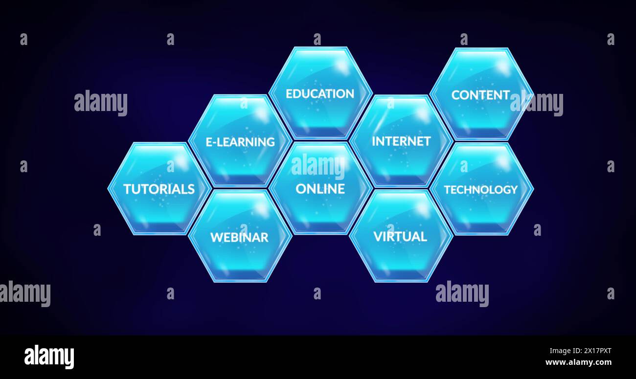 Image of education and learning text on blue hexagons on blue ...
