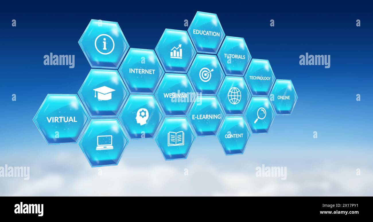 Image of education and learning blue hexagon icons and text on blue ...