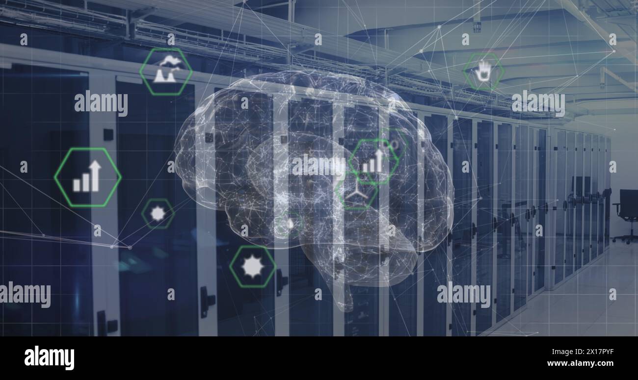 Image of brain, icons and data processing over servers. Network ...