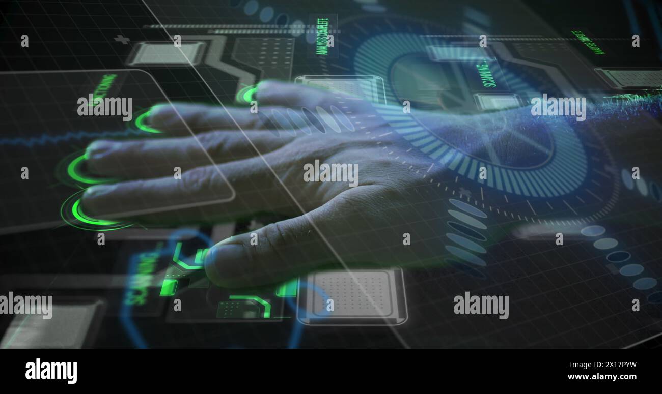 Image of caucasian man scanning hand with hud processing on digital ...