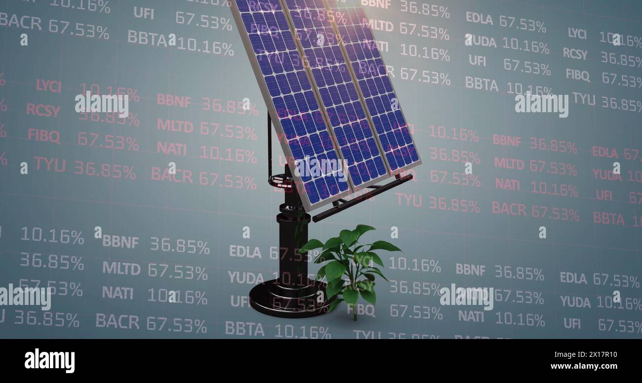 Image of solar panel and plant over moving trading board Stock Photo ...