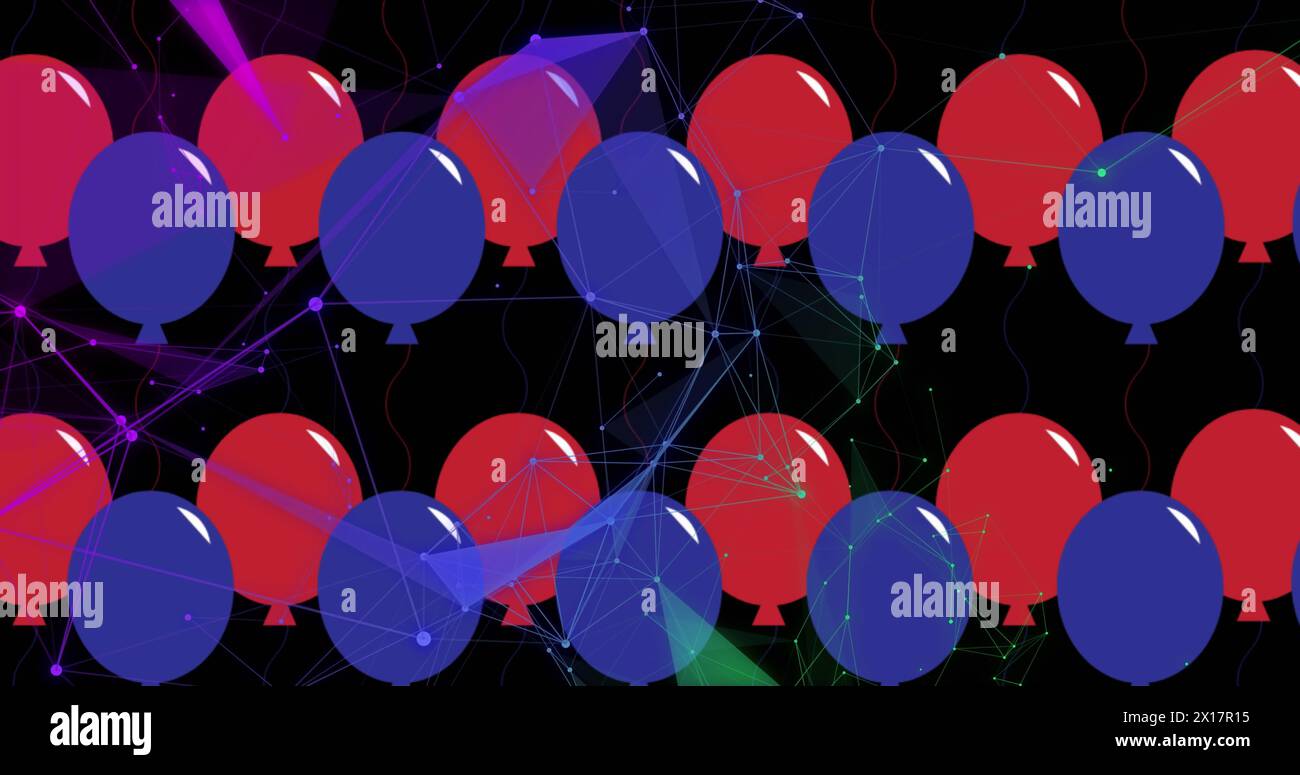 Image of communication network over red and blue balloons repeated on ...