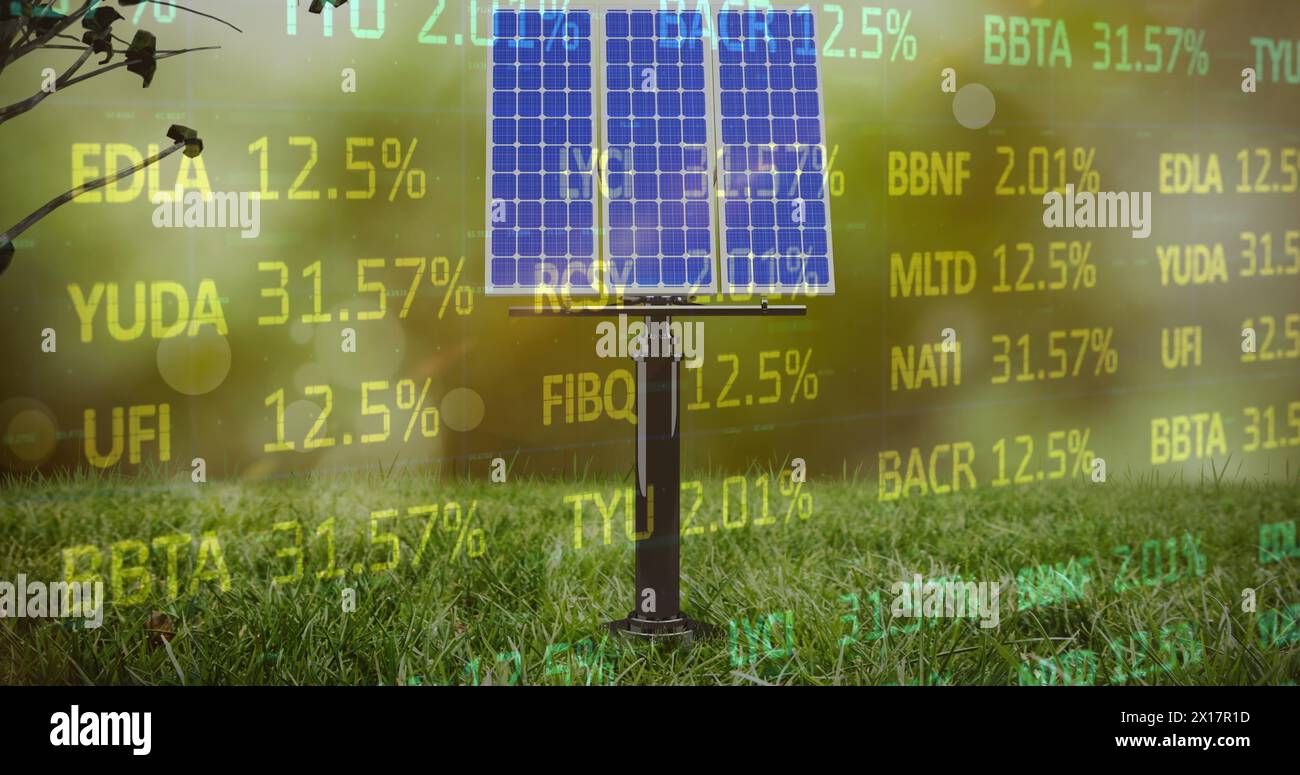 Image of trading board and solar panel on grassy field over rotating ...