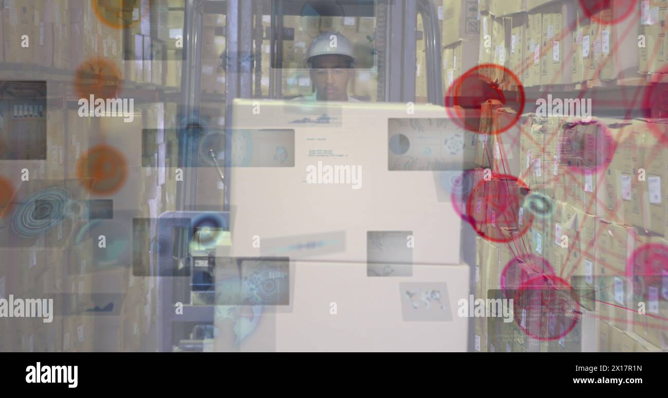 Image of network of connections over african american male worker in ...
