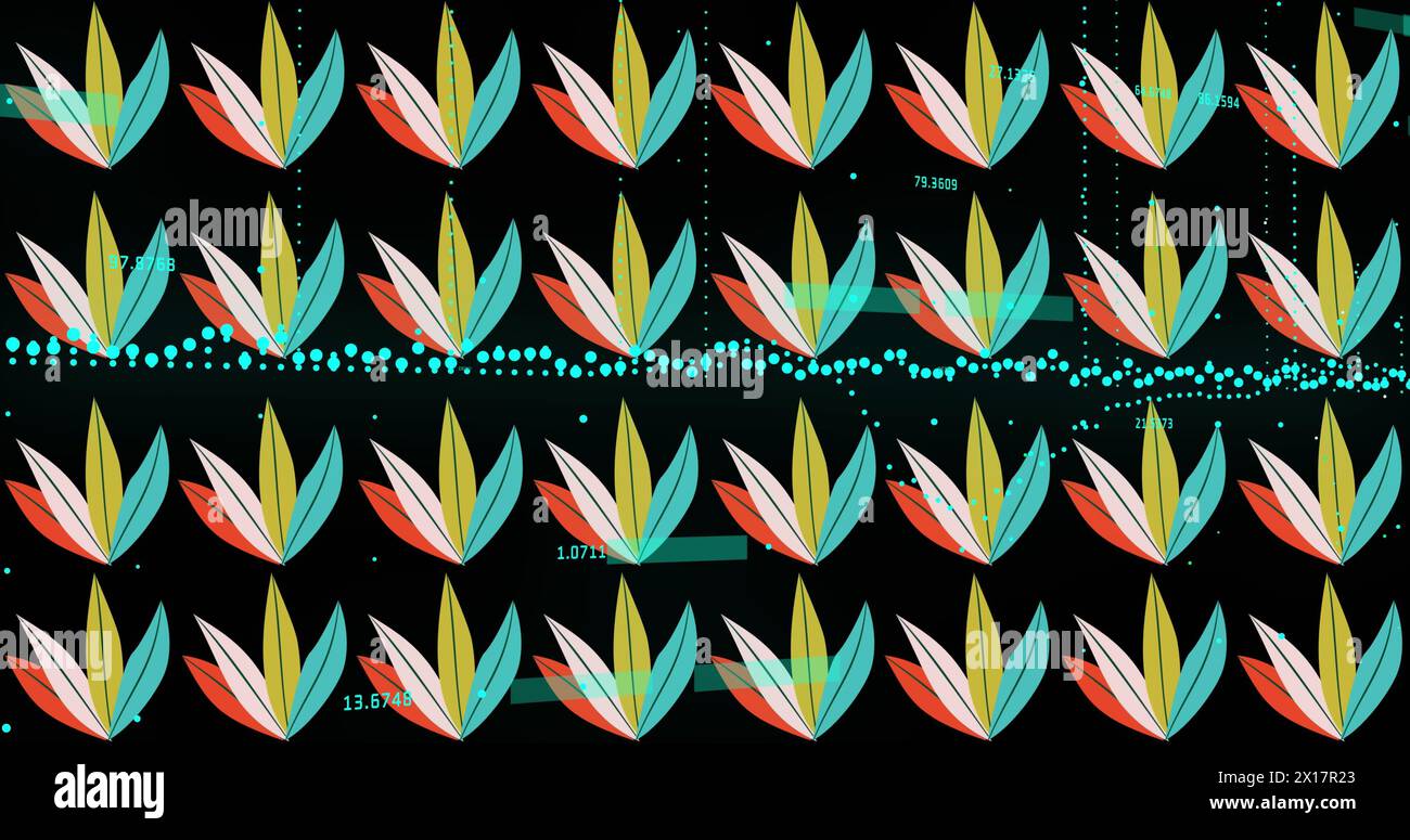 Image of rows of leaves over graph and data processing on black ...