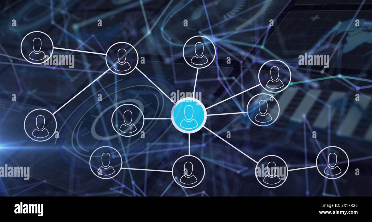 Image of profile icons connecting dots, geometric shapes, hud processing on digital interface ...