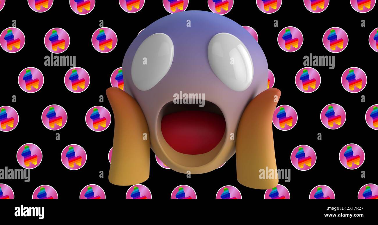 Image of shocked scream emoji over colourful toy icons repeated on ...