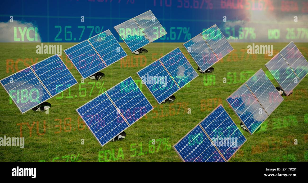 Image of trading board and solar panels on green landscape Stock Photo ...