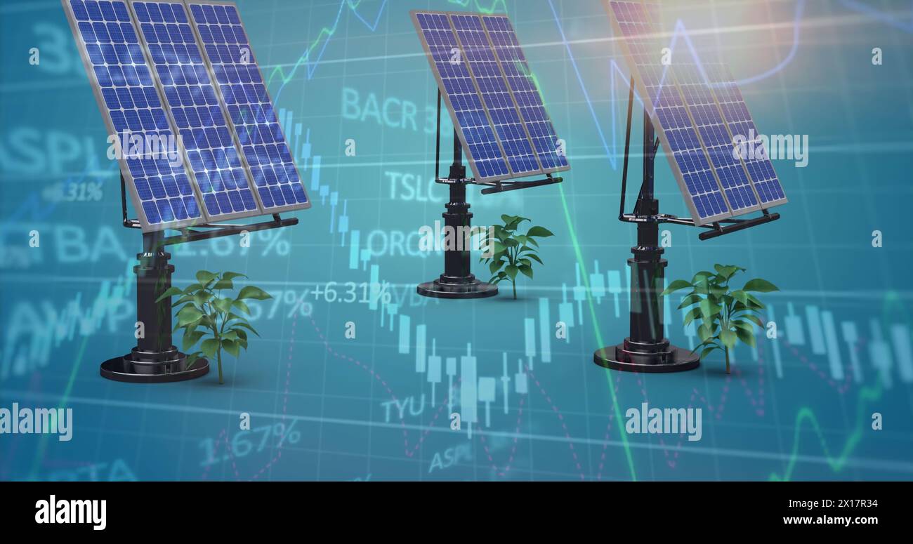 Image of solar panels with plants over graph and trading board Stock ...