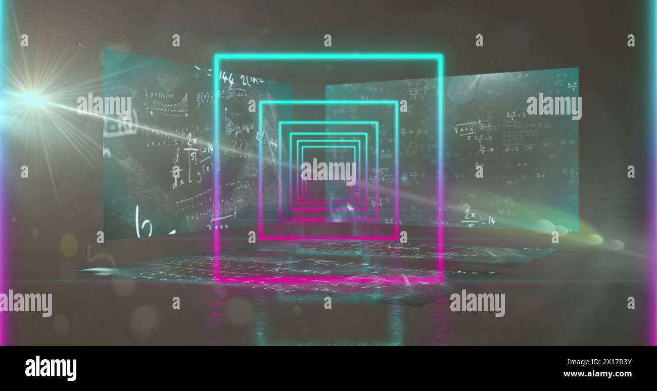 Image of neon tunnel in seamless pattern over multiple screens with mathematical equations Stock ...