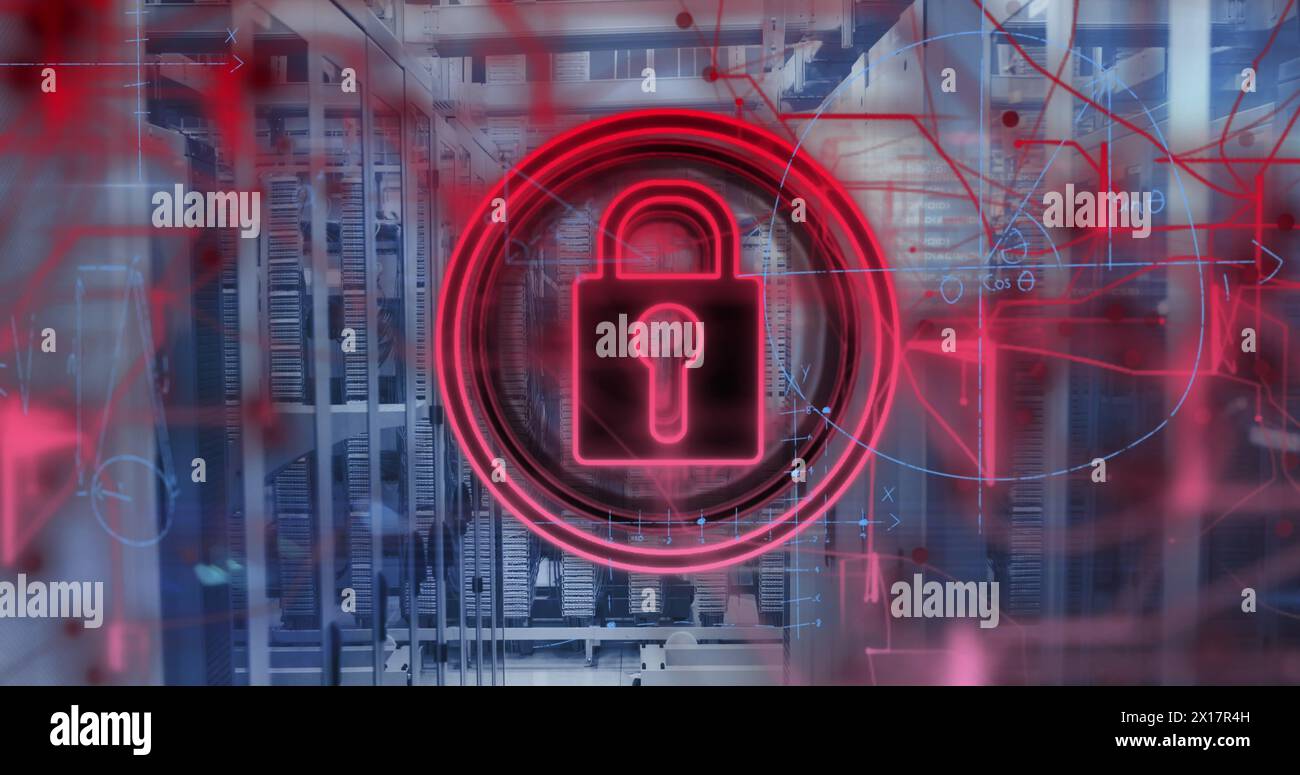 Image of data processing and padlock over server room Stock Photo - Alamy