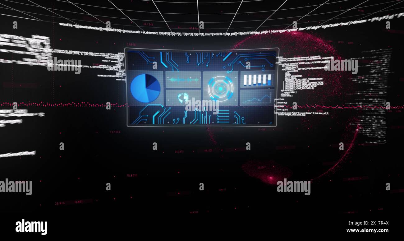Image of globe, graphs and data processing on screens on black ...