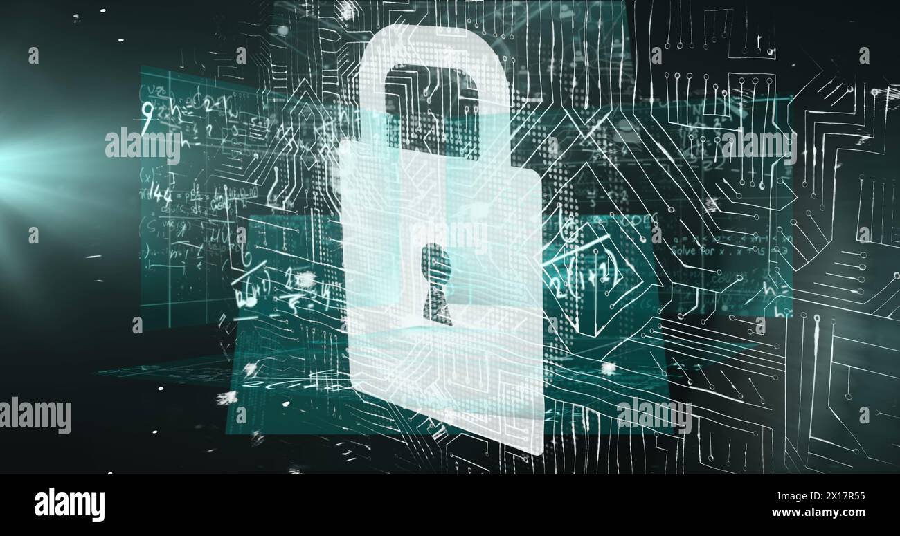 Image of security padlock icon and microprocessor connections against data processing Stock ...