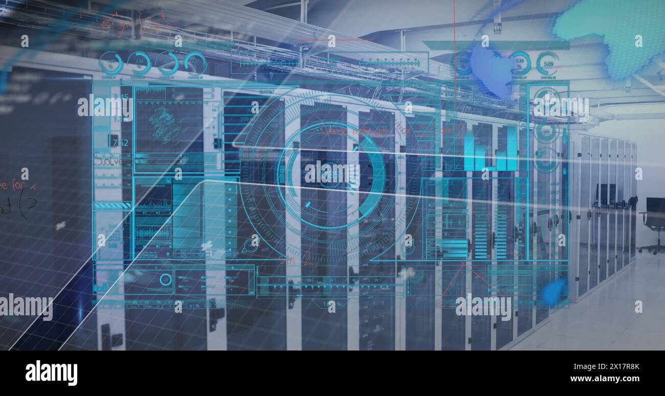 Image of data processing over server room. Global business and digital interface concept ...