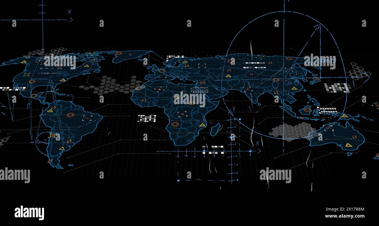 Image of mathematical equations against data processing over world map on black background Stock ...