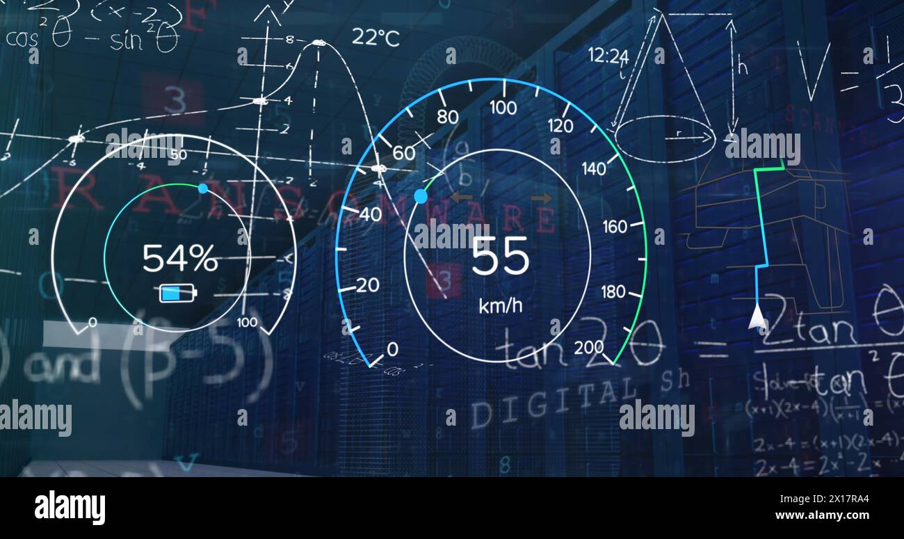 Image of speedometer, battery indicator, equations, database and ...
