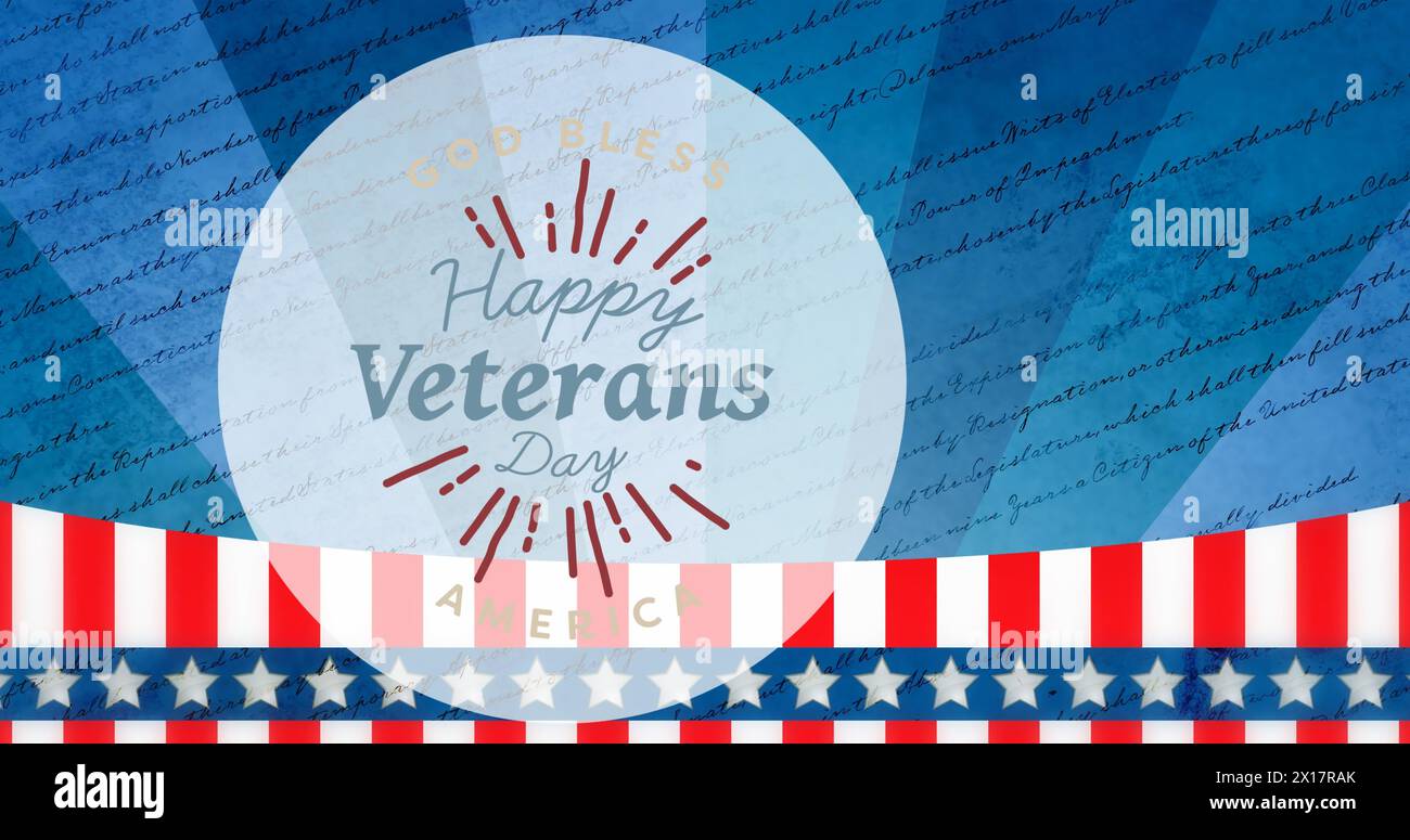 Image of circle with happy veterans day over blue striped background ...
