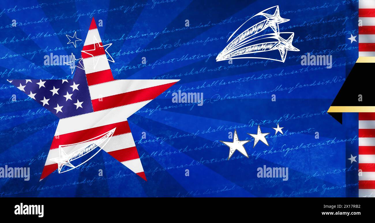 Image of star in colours of usa flag and blue striped background with ...