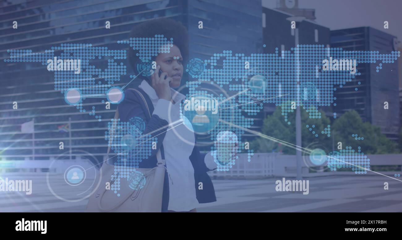 Image of network of connections with world map over african american ...