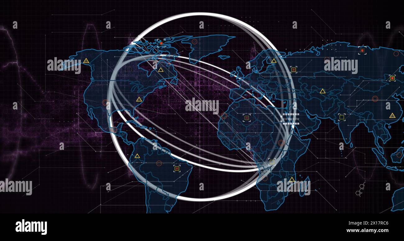 Image Of Abstract Geometrical Shape And Data Processing Over World Map On Black Background Stock