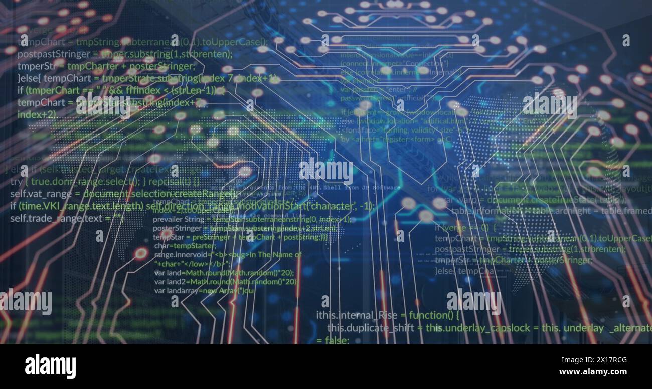 Image Of Dots Forming Circuit Board Pattern Over Programming Language Against Blue Background 4679