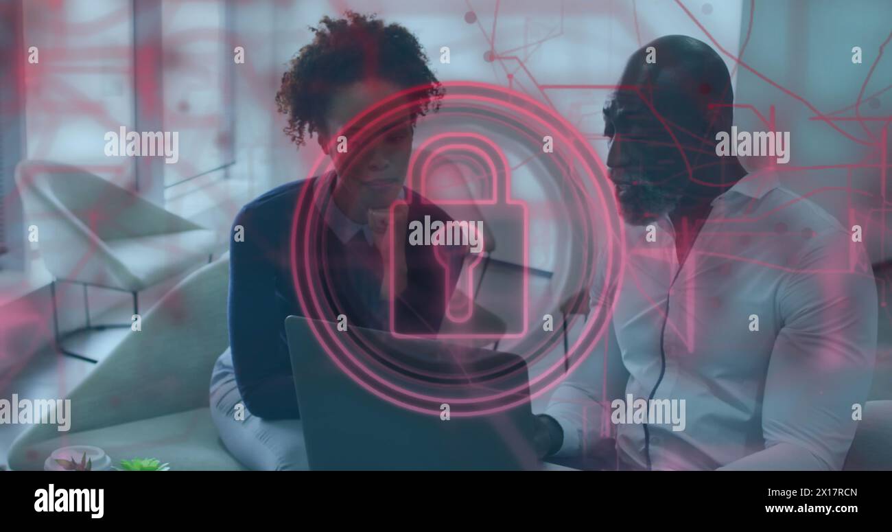 Image of padlock and shapes over african american business people in ...