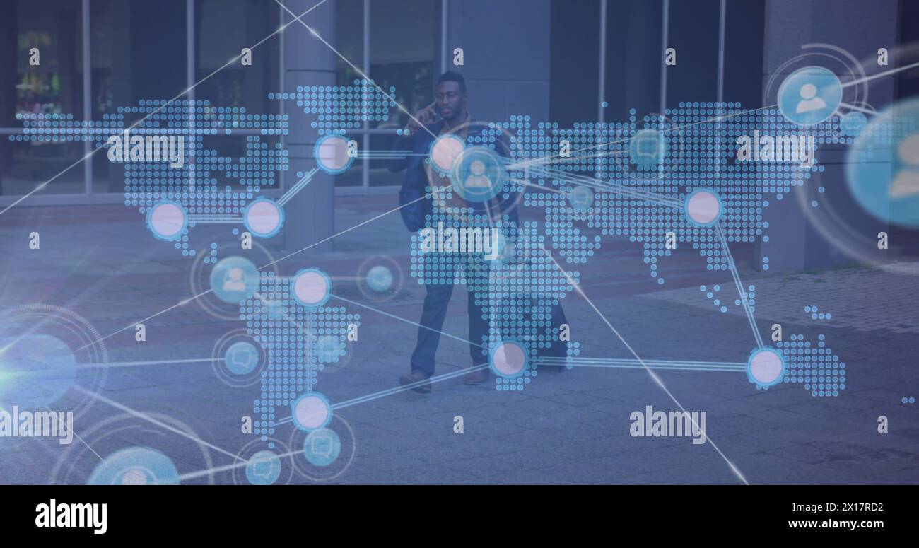 Image of network of connections with world map over african american ...