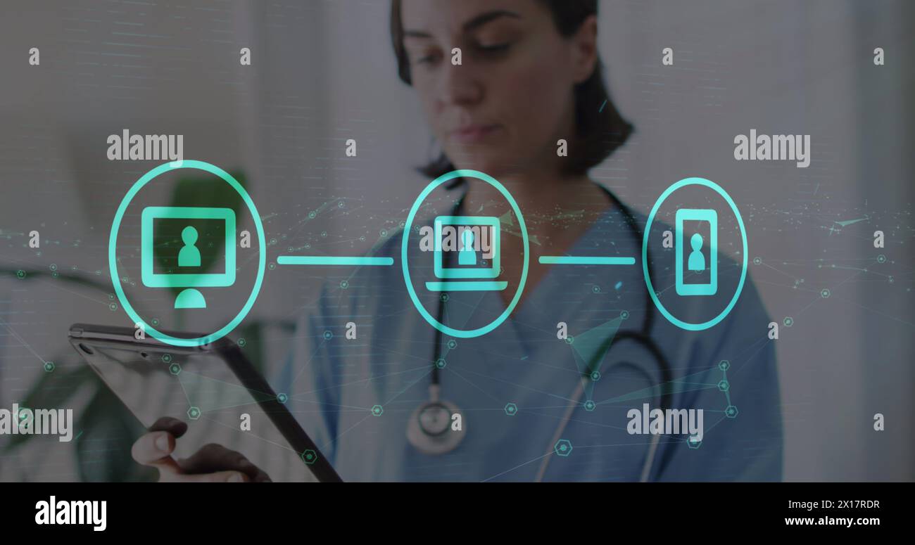 Image of dots connected with lines, icons in circles, caucasian female ...