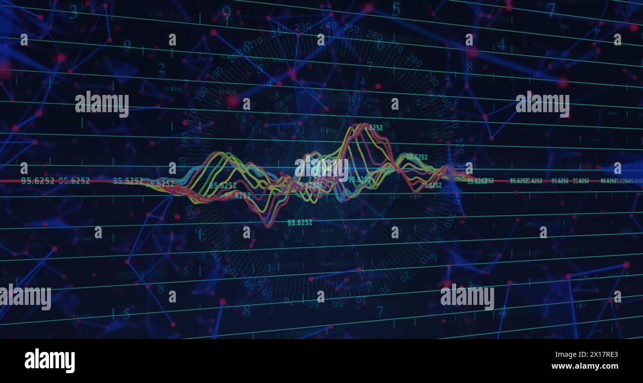 Image of multicolored graphs over floating blue geometric shapes ...