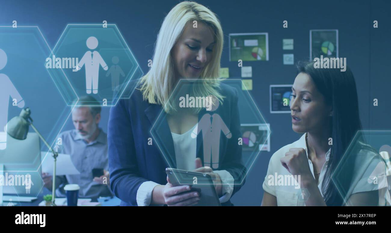 Image of digital icons and data processing over diverse business woman ...