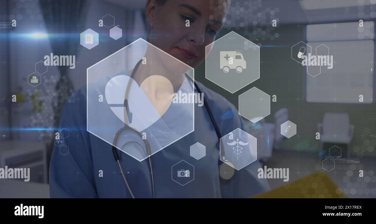 Image of lens flare, icon in hexagons over female caucasian doctor ...