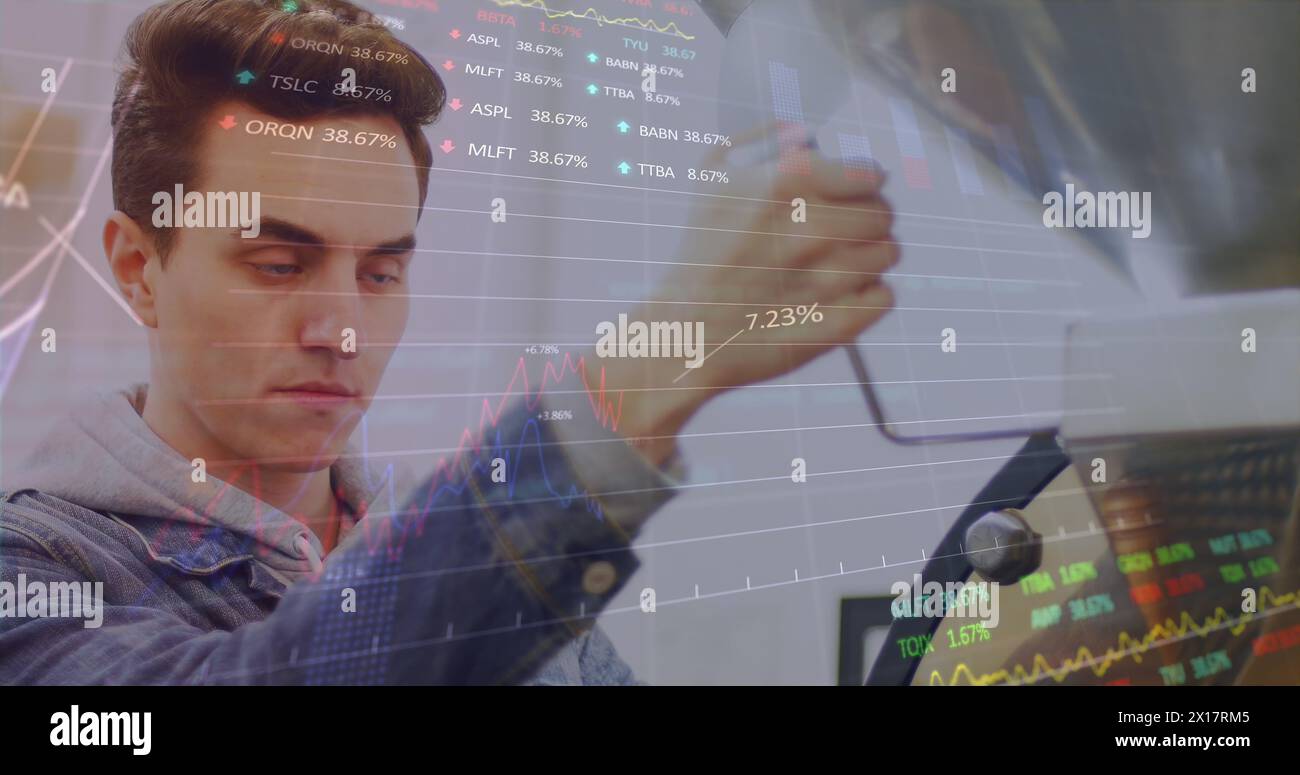 Image of trading board and graphs over caucasian man using coffee ...
