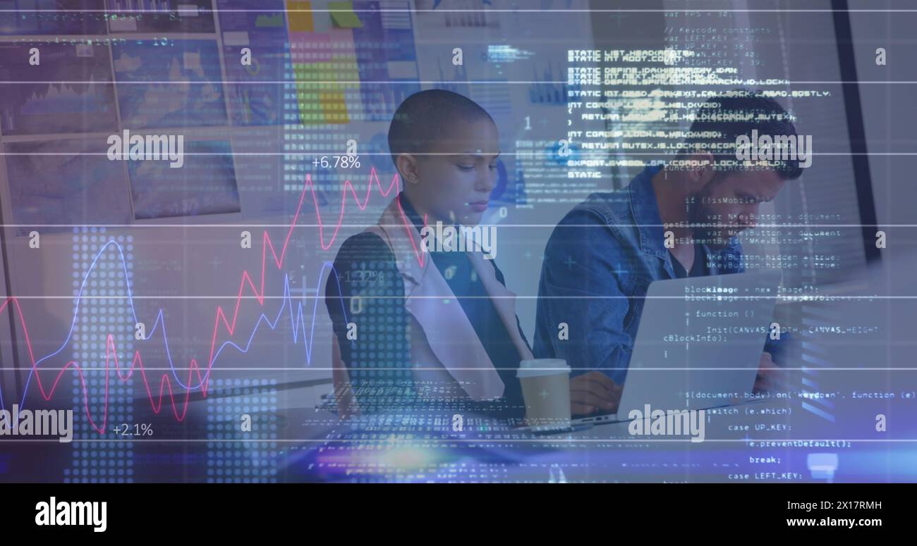 Image of graphs, binary codes, lens flare, programming language, diverse coworkers using laptop ...