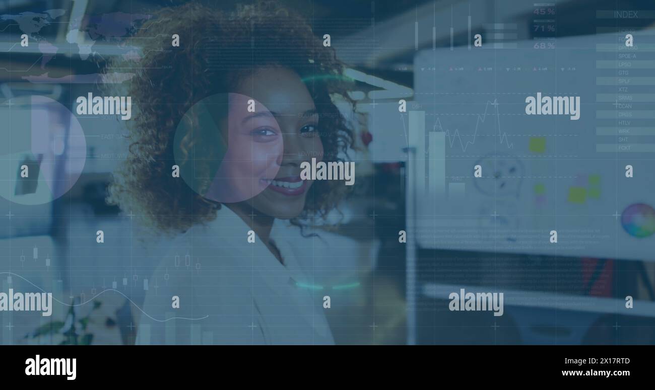 Image of infographic interface over circles and smiling african ...