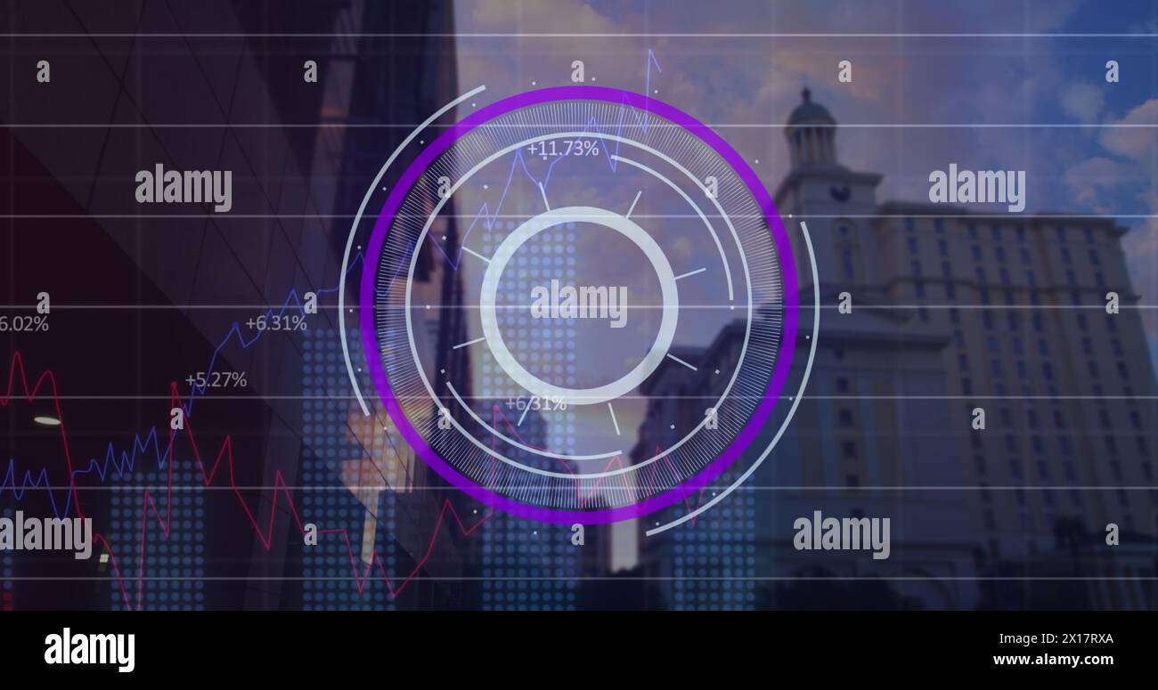 Image of round scanner and statistical data processing against tall ... Image of round scanner and statistical data processing against tall ...