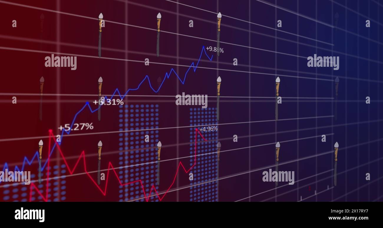 Image Of Statistical Data Processing Over Grid Network Against Purple Gradient Background Stock