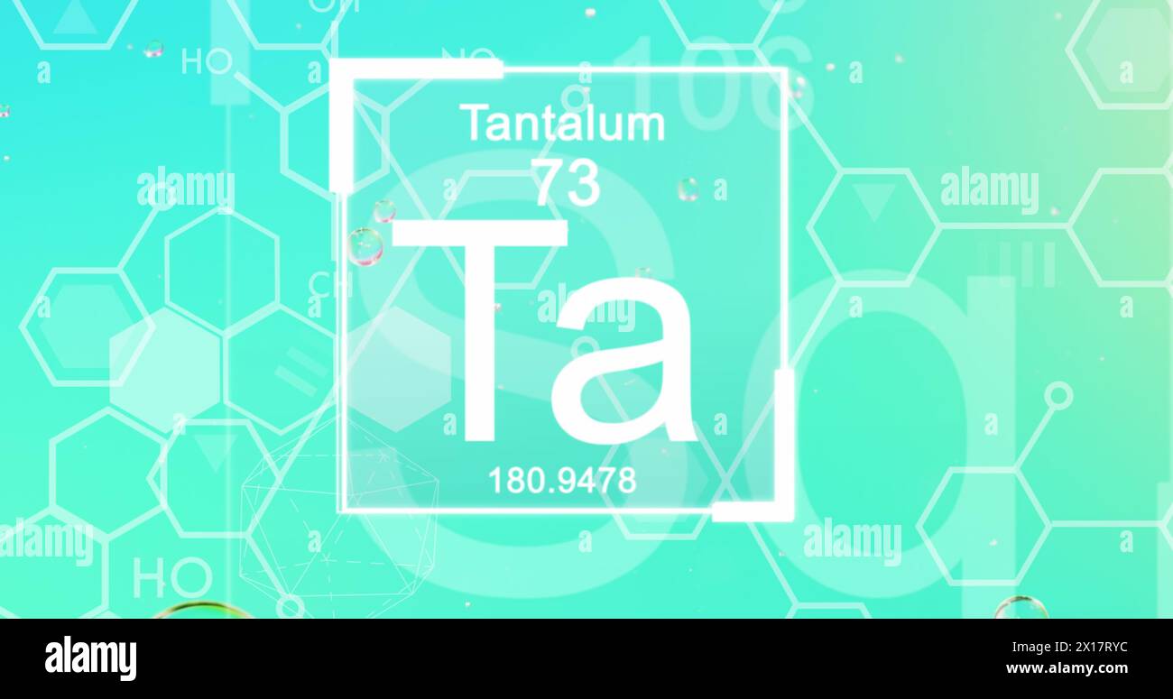 Image of chemical formula with elements over bubbles on blue background ...