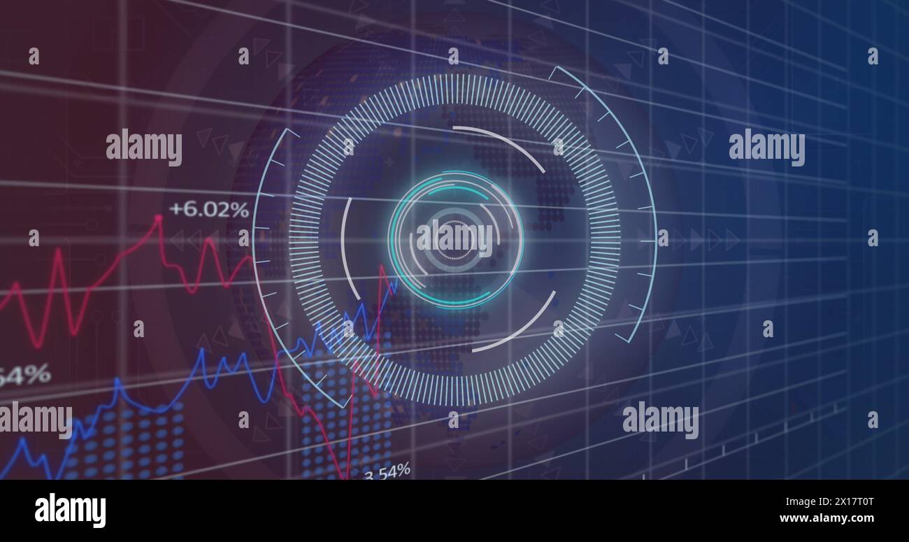 Image of round scanner and statistical data processing against purple gradient background Stock ...