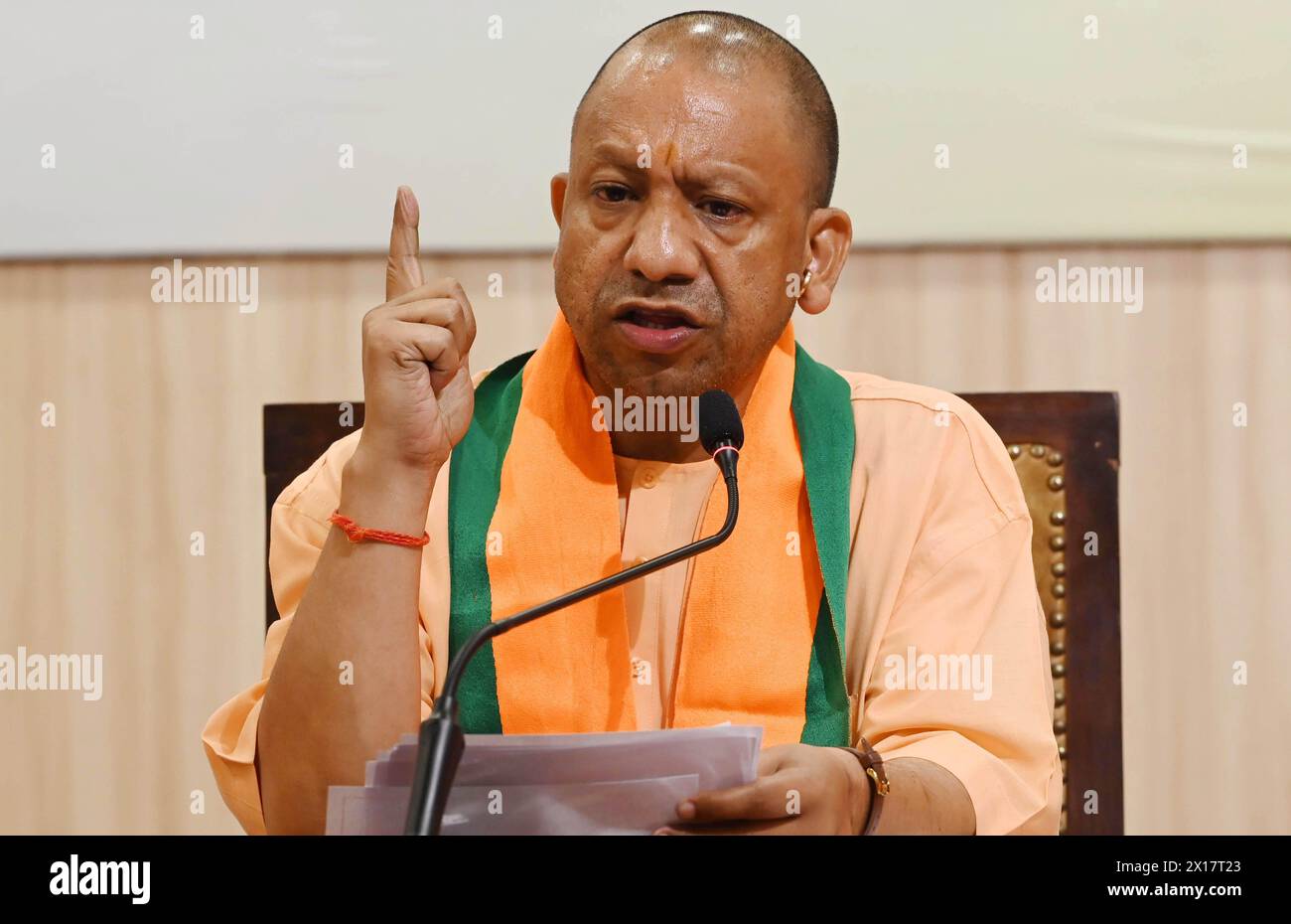 LUCKNOW, INDIA - APRIL 15: Uttar Pradesh Chief Minister Yogi Adityanath addresses a press ...