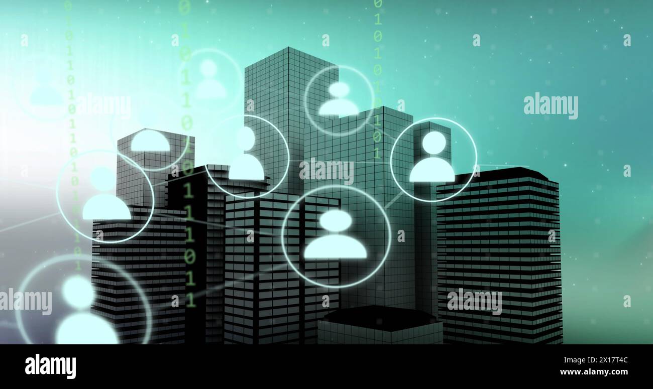 Image of network of icons and binary coding over cityscape Stock Photo - Alamy