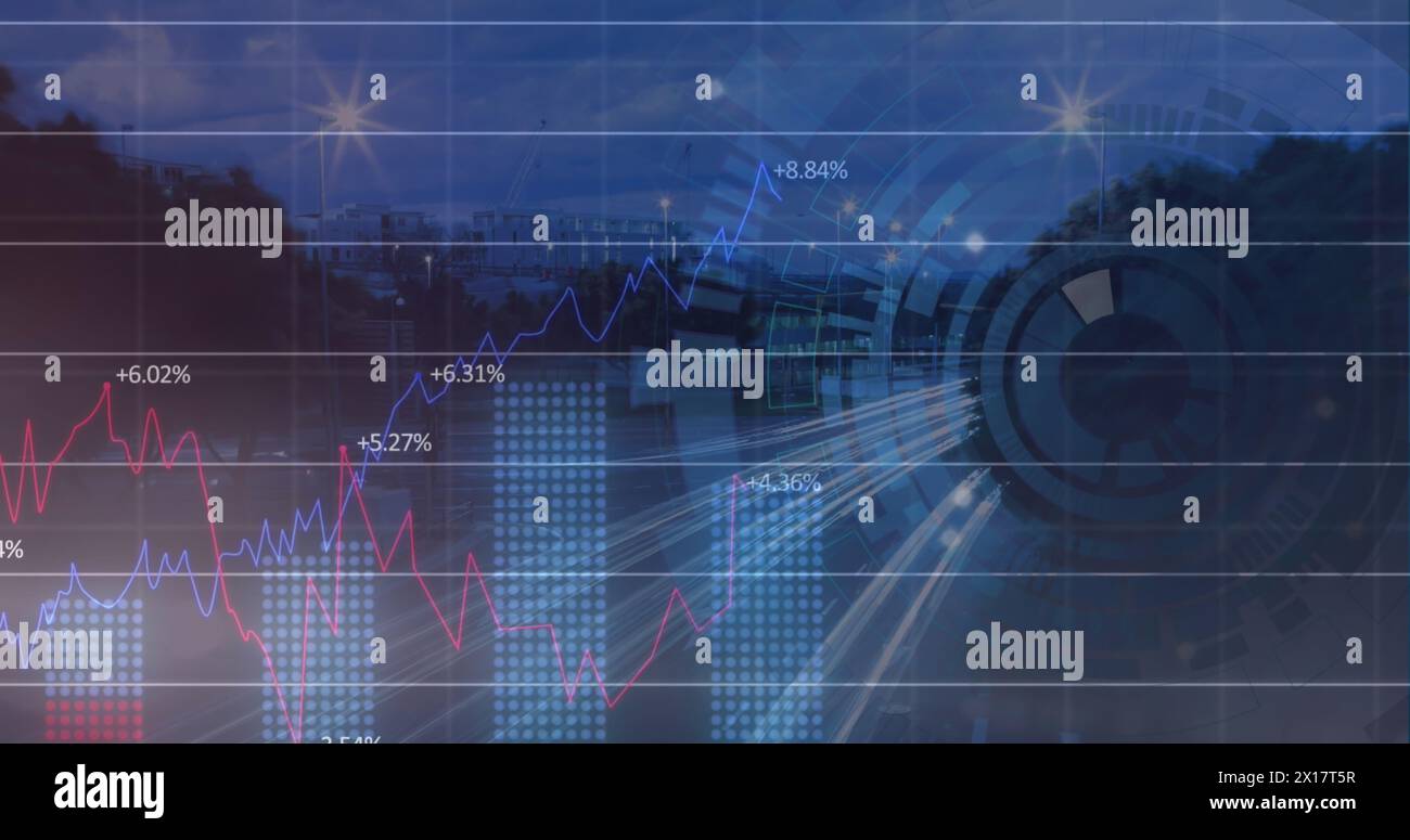 Image of round scanner over statistical data processing against city traffic Stock Photo - Alamy