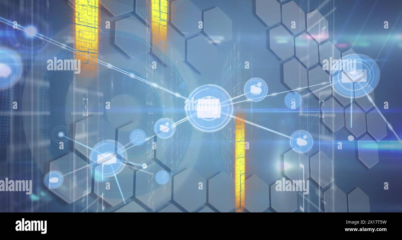Image of connections and data processing over hexagons Stock Photo - Alamy